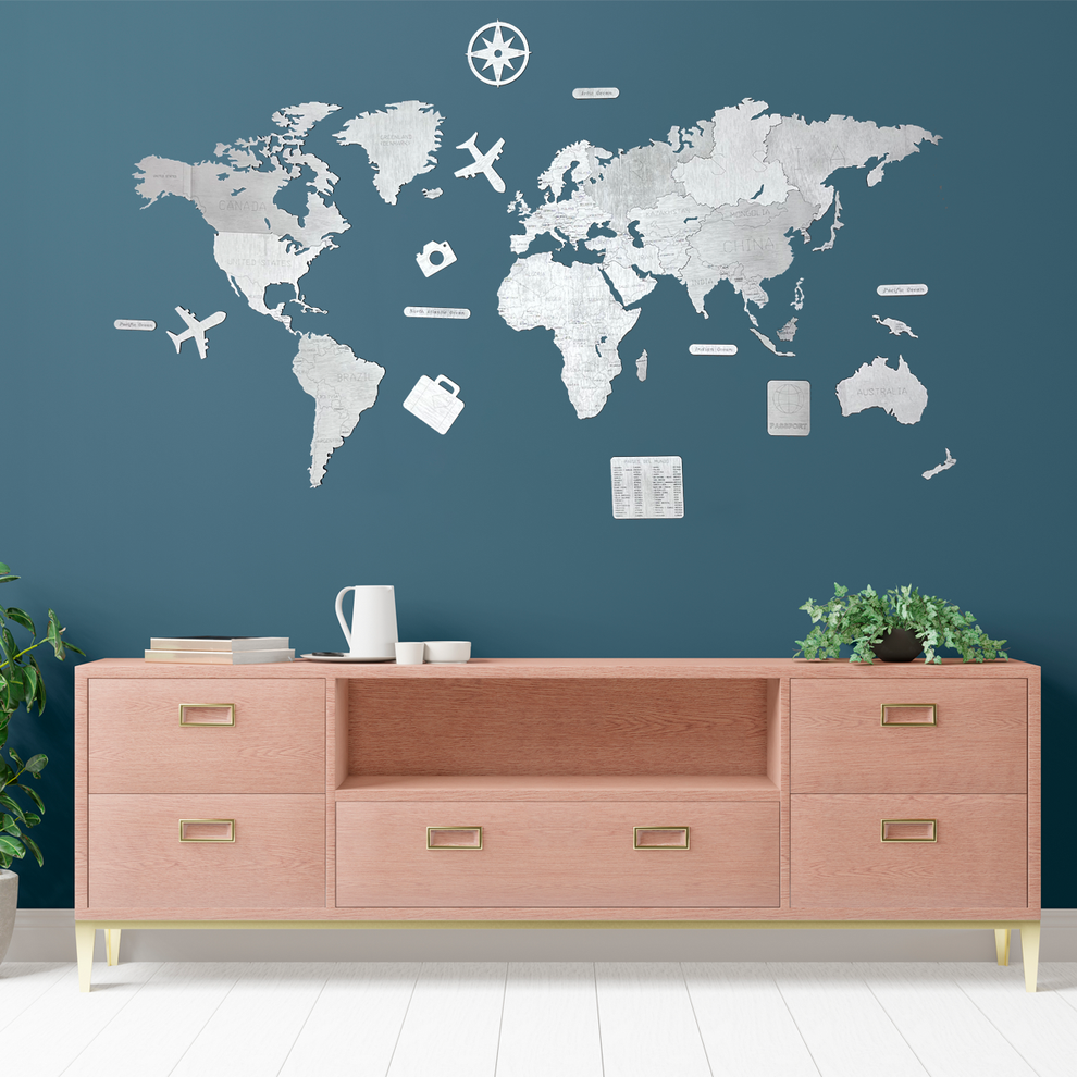 Mapa del Mundo en Madera Color Plata | Decoración Moderna y Luminosida ...